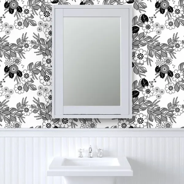 Spoonflower Black White Floral Coloring Book Vintage Custom Removable Wallpaper - Black,white,gray
