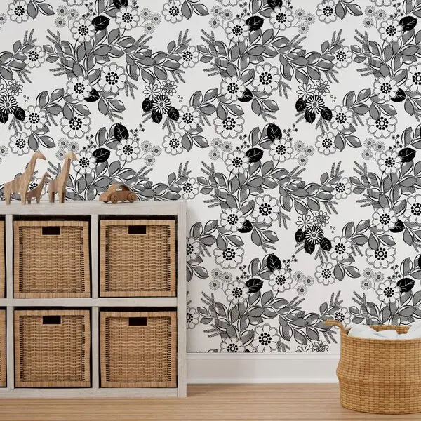 Spoonflower Black White Floral Coloring Book Vintage Custom Removable Wallpaper - Black,white,gray