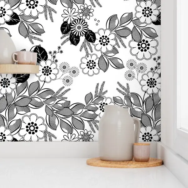 Spoonflower Black White Floral Coloring Book Vintage Custom Removable Wallpaper - Black,white,gray
