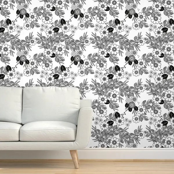 Spoonflower Black White Floral Coloring Book Vintage Custom Removable Wallpaper - Black,white,gray