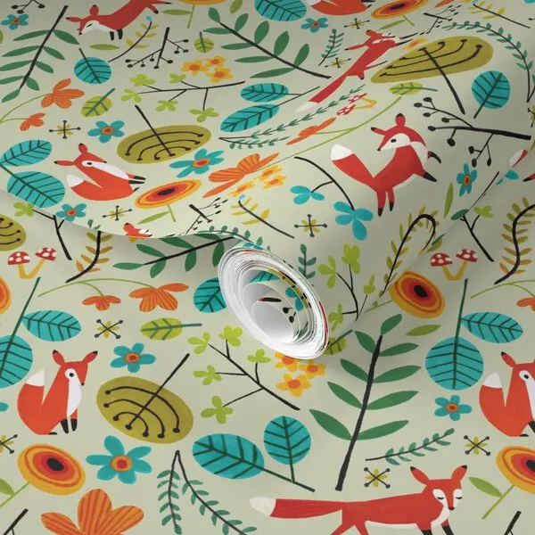Spoonflower Foxes Nature Fox Leaves Animals Woodland Custom Removable Wallpaper - Gray,yellow,red
