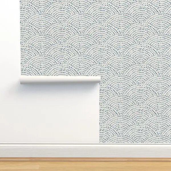 Spoonflower Large Ink Dot Scales Grey Blue D On White 100% Natural Sisal Grasscloth Wallcovering - Blue,gray,grey