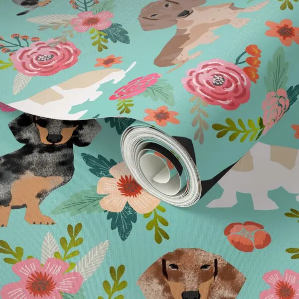 Spoonflower Dachshunds Florals Cute Dogs Best Vintage Flowers Custom Removable Wallpaper - Blue,brown,green