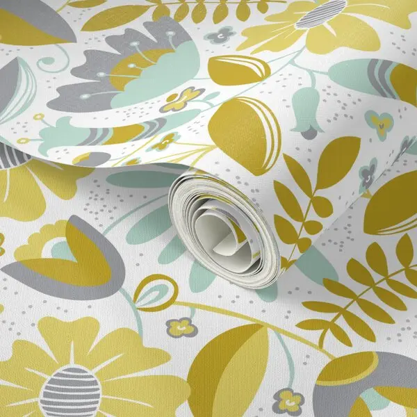 Spoonflower Floral Meadow Yellow Grey Flowers Gold Mint Spring Custom Pre-pasted Wallpaper - Yellow,blue,mint