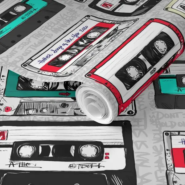 Spoonflower 80s Childhood Tape Graffiti Urban Cassettes Custom Pre-pasted Wallpaper - Teal,gray,red
