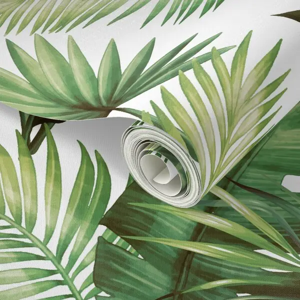 Spoonflower Vintage Tree Holiday Paint Leaf Palm Foliage Custom Pre-pasted Wallpaper - Green,sage