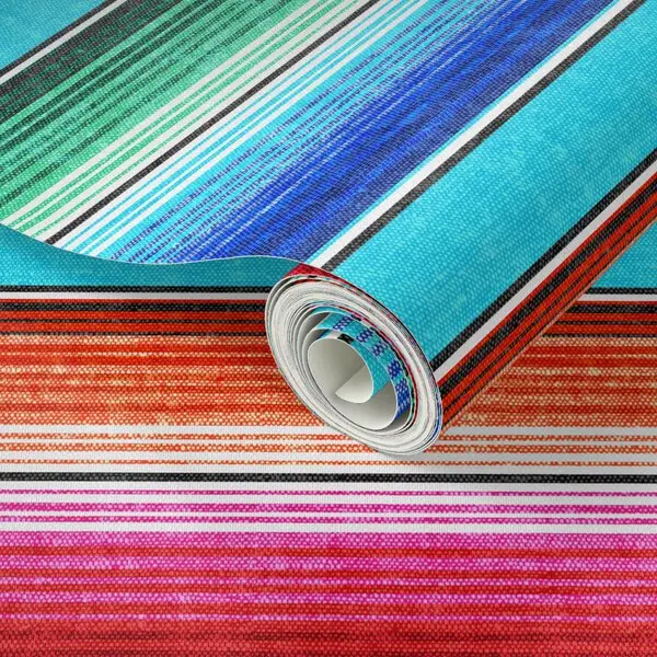 Spoonflower Serape Southwest Stripes Bright Blue Custom Pre-pasted Wallpaper - Pink,purple,teal