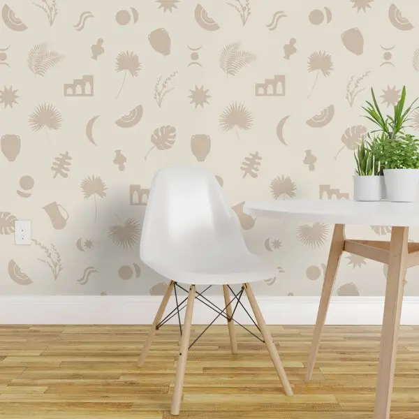 Spoonflower Taupe Bohemian Gender Neutral Celestial Neutrals Custom Pre-pasted Wallpaper