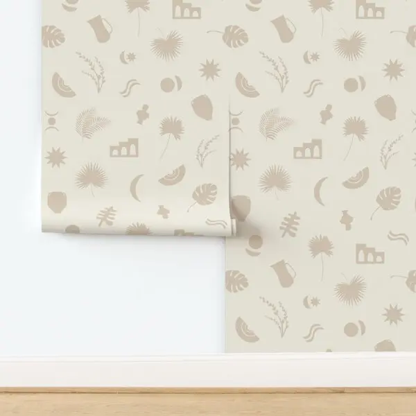 Spoonflower Taupe Bohemian Gender Neutral Celestial Neutrals Custom Pre-pasted Wallpaper
