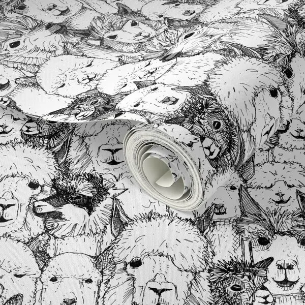 Spoonflower Alpacas Black White Small Alpaca Illustration Traditional Wallpaper - Black,white,gray