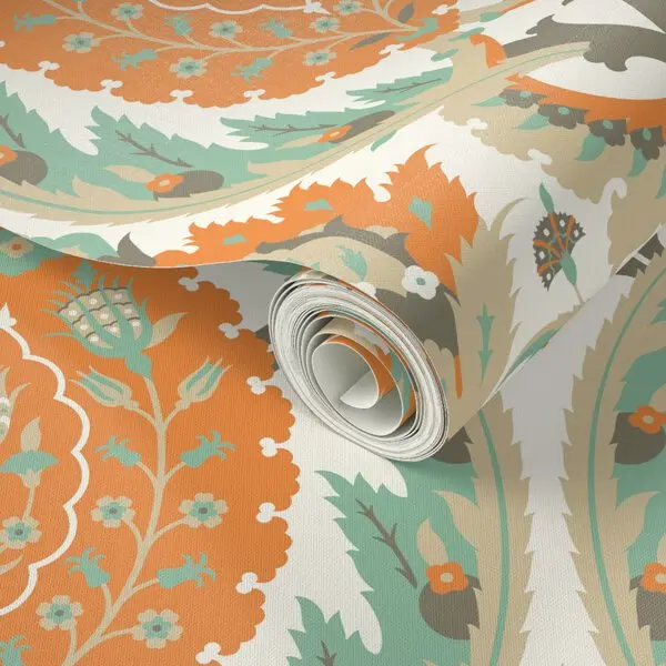 Spoonflower Damask Persian Serpentine Custom Pre-pasted Wallpaper - Orange,blue,beige