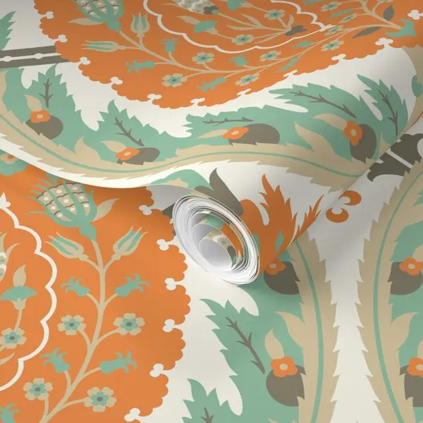 Spoonflower Damask Persian Serpentine Custom Removable Wallpaper - Orange,blue,beige