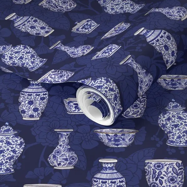 Spoonflower White Blue Vase Chinoiserie Pottery Delft Custom Pre-pasted Wallpaper - White,blue