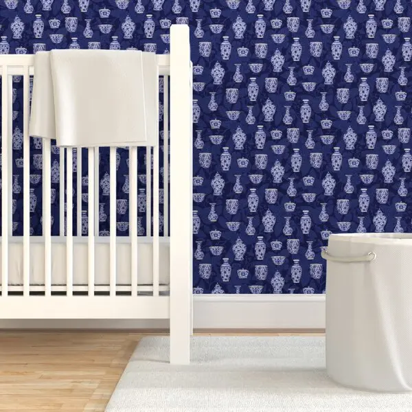 Spoonflower White Blue Vase Chinoiserie Pottery Delft Custom Pre-pasted Wallpaper