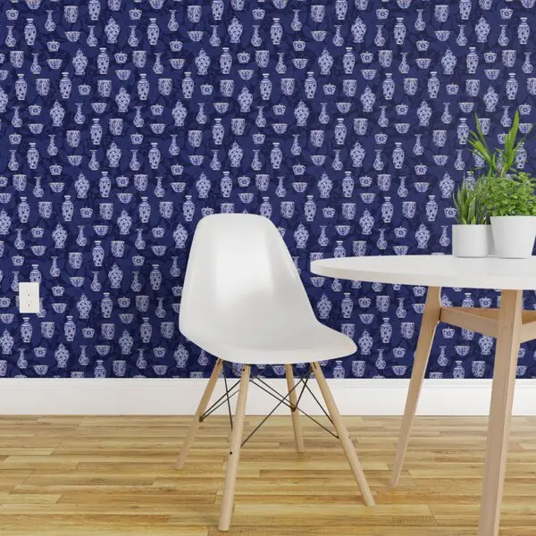 Spoonflower White Blue Vase Chinoiserie Pottery Delft Custom Pre-pasted Wallpaper