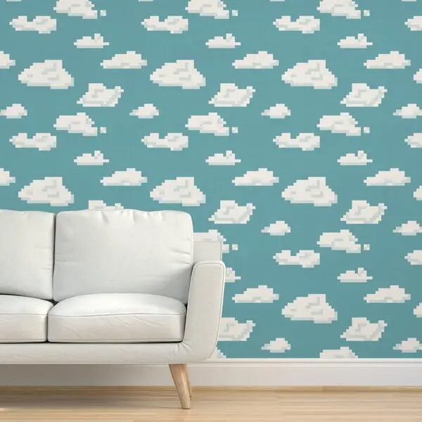 Spoonflower Pixel Clouds 100% Natural Sisal Grasscloth Wallcovering