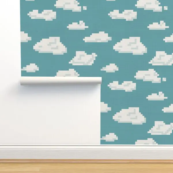 Spoonflower Pixel Clouds 100% Natural Sisal Grasscloth Wallcovering