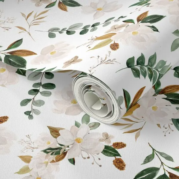 Spoonflower Floral Medium White Spring Gold Green Flora Custom Removable Wallpaper - Beige,green,gray