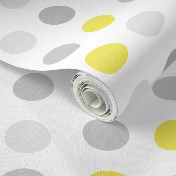 Spoonflower Mod Gray Yellow Dots Pop Color White Bold Minimal Traditional Wallpaper - Gray,yellow,green