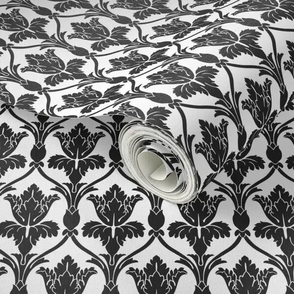 Spoonflower Black White Damask Custom Pre-pasted Wallpaper - Black,white,gray