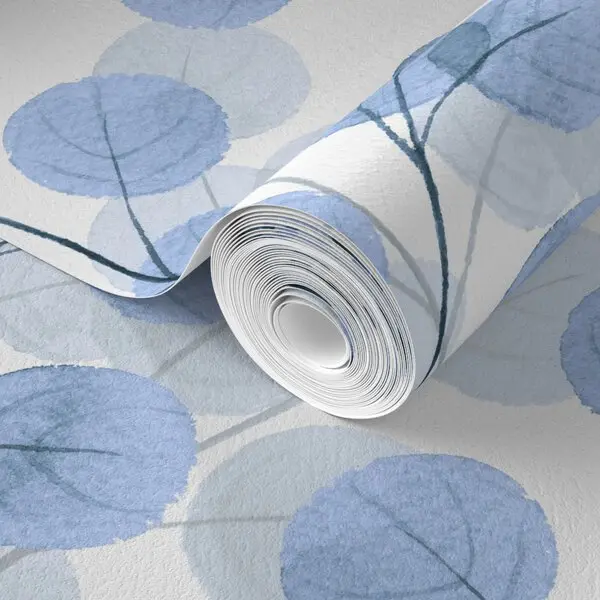 Spoonflower Round Leaves Blue Floral Watercolor Branch Custom Removable Wallpaper - Blue,white