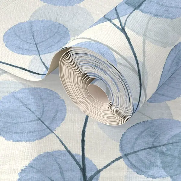 Spoonflower Round Leaves Blue Floral Watercolor Branch Custom Removable Wallpaper - Blue,white