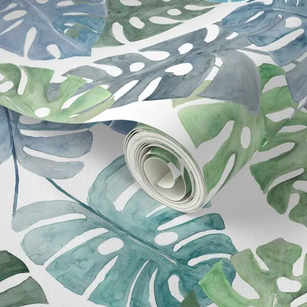 Spoonflower Green Blue Leaves Nature Grey Tropical Custom Removable Wallpaper - Teal,mint,blue