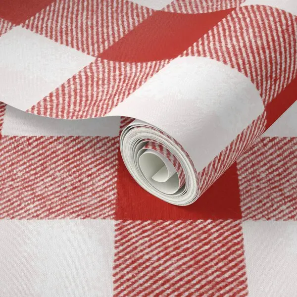 Spoonflower Gingham Check Picnic Red Buffalo Custom Removable Wallpaper - Red,white,gray