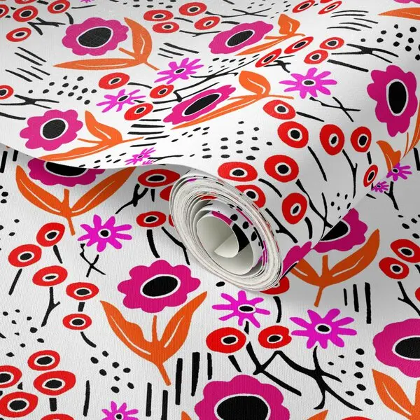 Spoonflower Pink Cute Flowers Orange Happy Spring Traditional Wallpaper - Gray,pink,black