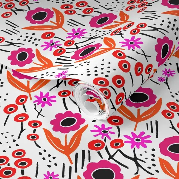 Spoonflower Pink Cute Flowers Orange Happy Spring Traditional Wallpaper - Gray,pink,black