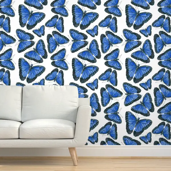 Spoonflower Butterfly Nature Pattern Jungle Illustration Custom Pre-pasted Wallpaper - Blue