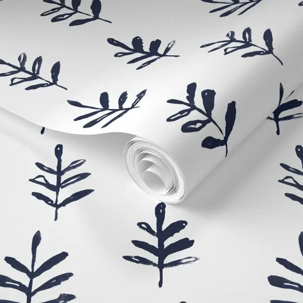 Spoonflower Sprigs Indigo Leaves Painted Blue Navy Watercolor Custom Removable Wallpaper - Black,white,blue