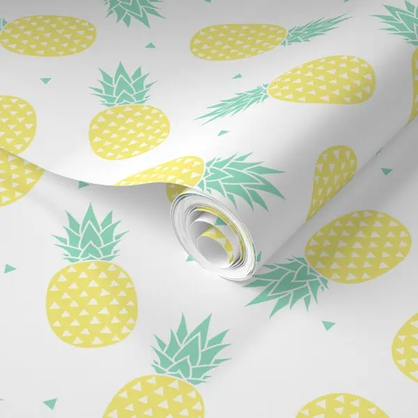 Spoonflower Pineapple White Yellow Nursery Fruit Summer Custom Pre-pasted Wallpaper - Gray,yellow,green