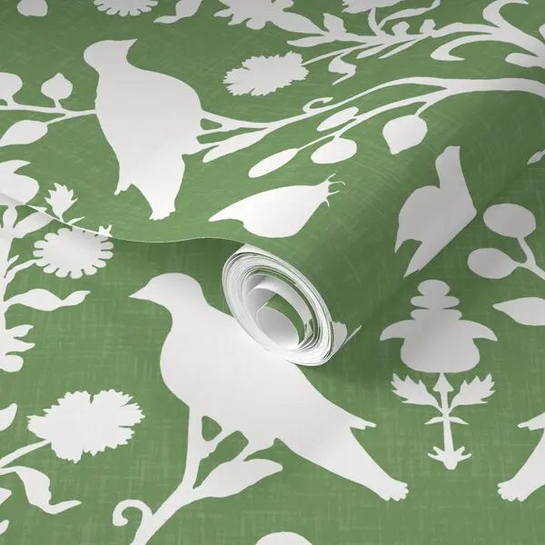 Spoonflower Green White Floral Birds Damask Peacocks Traditional Wallpaper - Green,white,gray