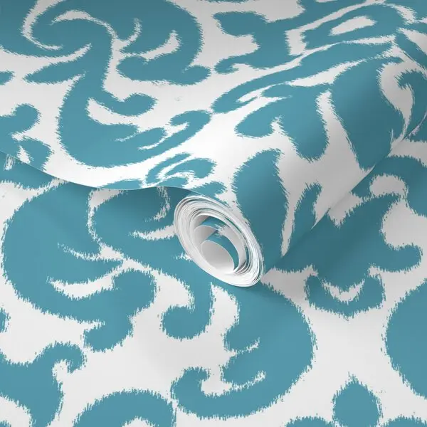 Spoonflower Blue Teal Floral Damask Ikat Custom Removable Wallpaper - Blue,white,teal