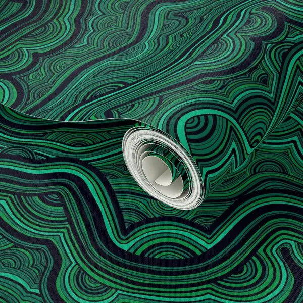 Spoonflower Green Stripes Lines Drawing Pen And Ink Malachite Custom Pre-pasted Wallpaper - Green,blue