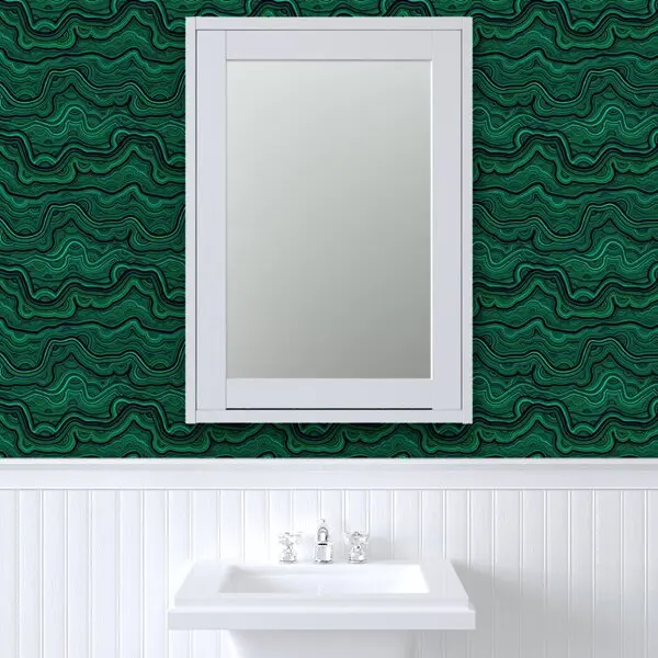 Spoonflower Green Stripes Lines Drawing Pen And Ink Malachite Custom Pre-pasted Wallpaper - Green,blue