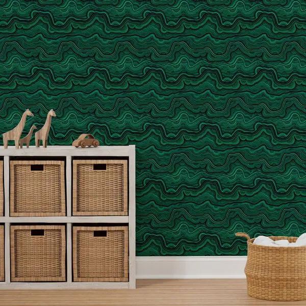 Spoonflower Green Stripes Lines Drawing Pen And Ink Malachite Custom Pre-pasted Wallpaper - Green,blue