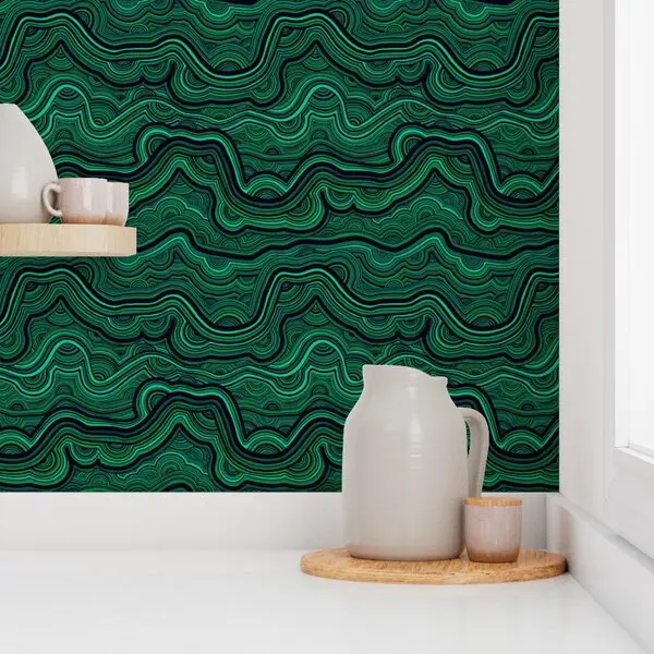 Spoonflower Green Stripes Lines Drawing Pen And Ink Malachite Custom Pre-pasted Wallpaper - Green,blue