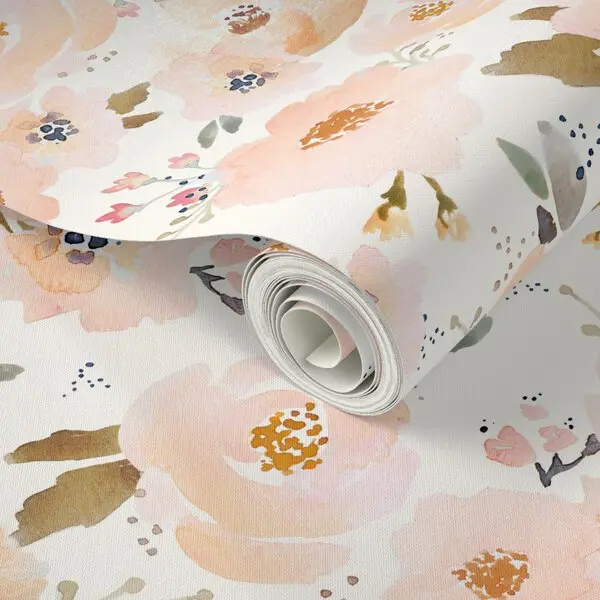 Spoonflower Bloom Blossoms Pink Florals Watercolor Child Custom Removable Wallpaper - Pink,gray,brown