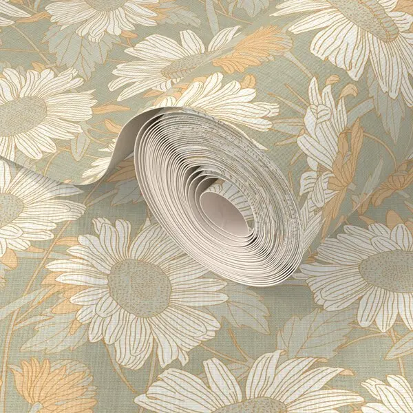 Spoonflower Large Daisies Sage 100% Natural Sisal Grasscloth Wallcovering - White,brown,sage