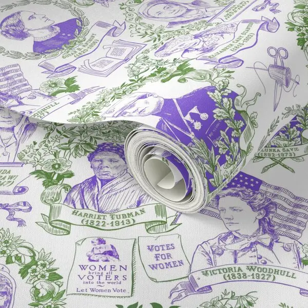 Spoonflower White Flag Toile Historical Civil Rights Custom Pre-pasted Wallpaper - Purple,green,gray