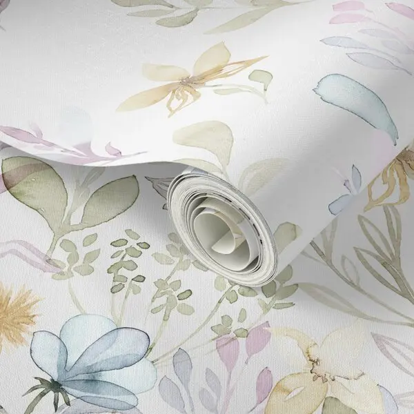 Spoonflower Butterflies Spring Flowers Watercolor Flora And Custom Pre-pasted Wallpaper - White,pink,gray