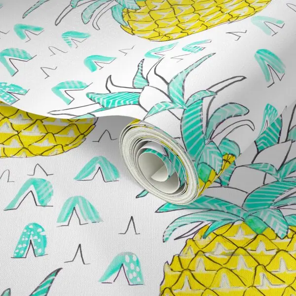 Spoonflower Watercolor Pineapple Tropical Modern Custom Pre-pasted Wallpaper - Yellow,white,mint