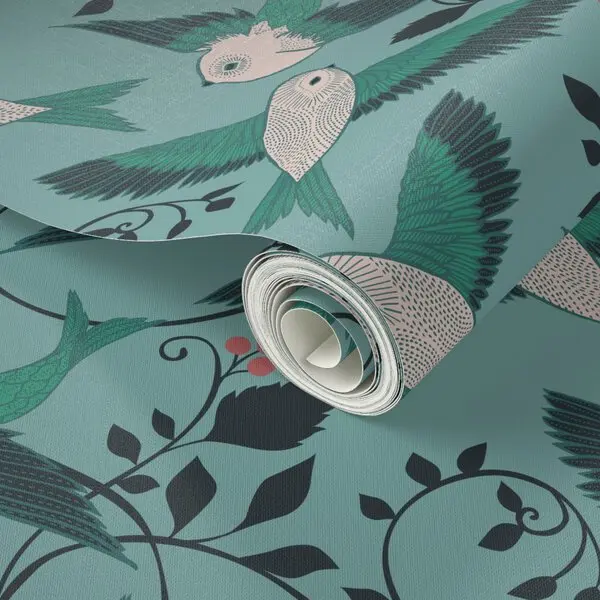 Spoonflower Blue Soaring Sparrows Vintage Swallows Flying Custom Pre-pasted Wallpaper - Blue,green,gray