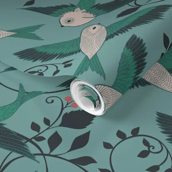 Spoonflower Blue Soaring Sparrows Vintage Swallows Flying Custom Pre-pasted Wallpaper - Blue,green,gray