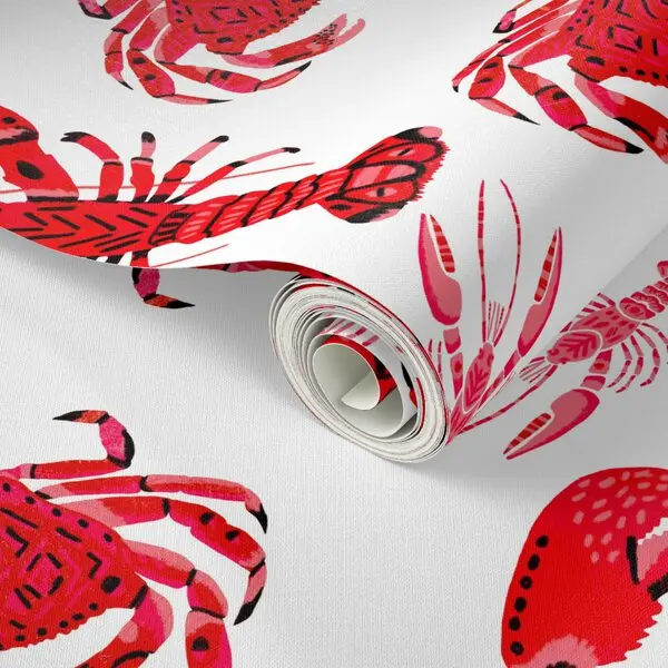 Spoonflower Crab Lobsters White Red Sea Ocean Pink Crabs Custom Pre-pasted Wallpaper - Red,white,gray