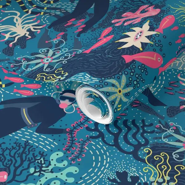Spoonflower Scuba Teal Dolphin Fish Turtle Hot Pink Custom Pre-pasted Wallpaper - Blue,pink