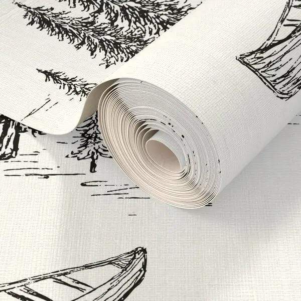 Spoonflower Lake Life Toile In Black & White For Forest Theme 100% Natural Sisal Grasscloth Wallcovering - Black,white