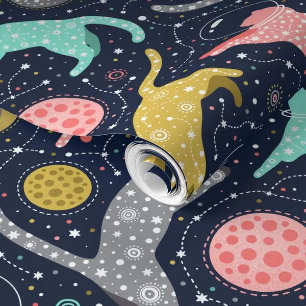 Spoonflower Cats Space Moon Princess Cat Stars Night Astronaut Custom Pre-pasted Wallpaper - Blue,pink,beige